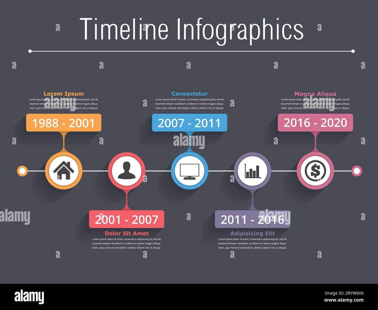 Horizontal timeline with place for icons dates and text, timeline ...