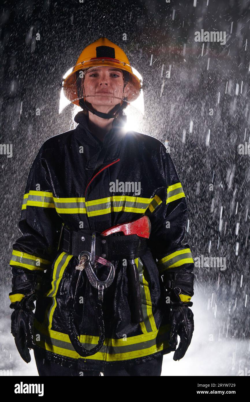 A determined female firefighter in a professional uniform striding ...