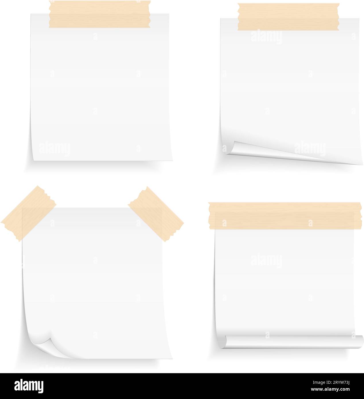 Paper notes with tape, four blank paper sheets attached by tape, vector ...