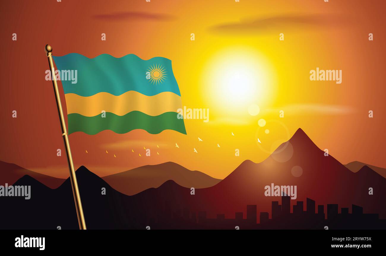 Rwanda flag with sunset background of mountains and lakes Stock Vector ...