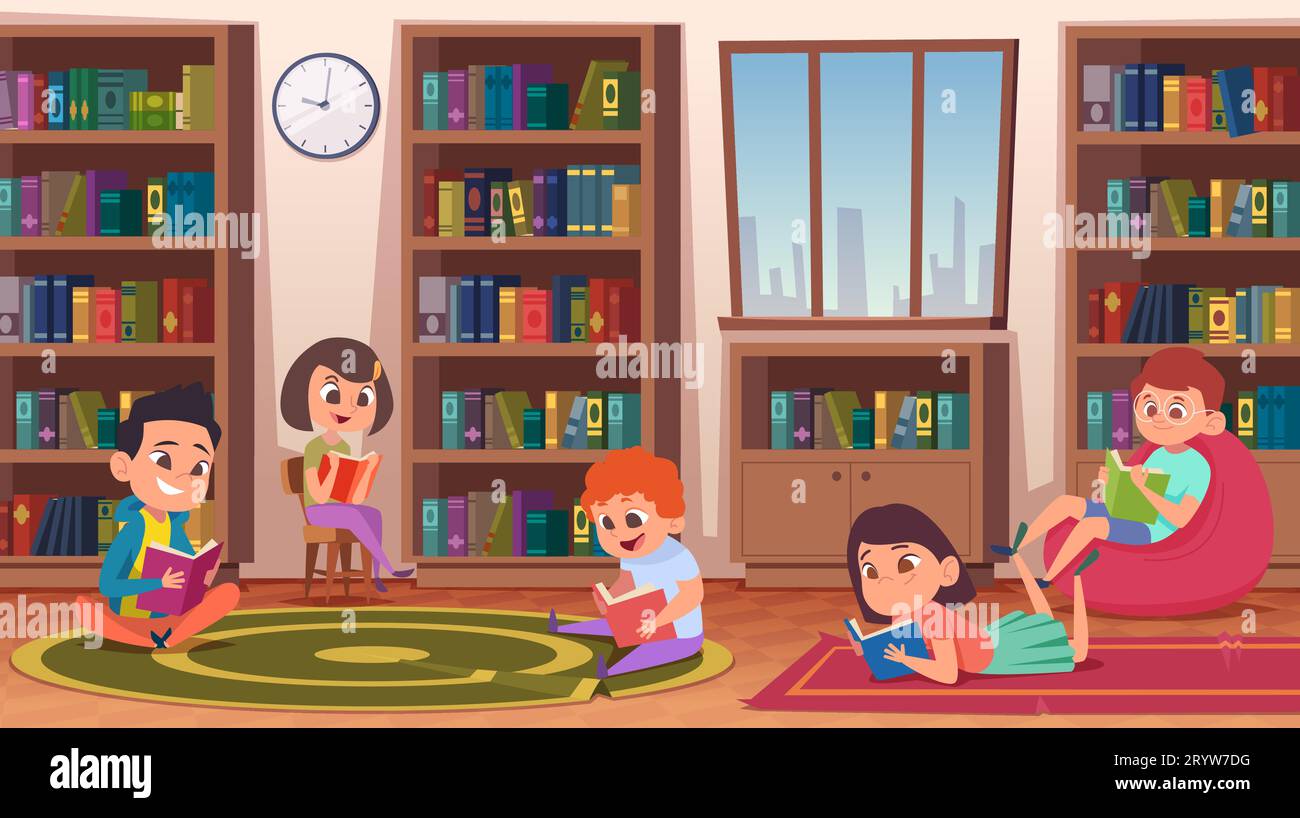 Library. Kids education people reading books in library interior exact ...