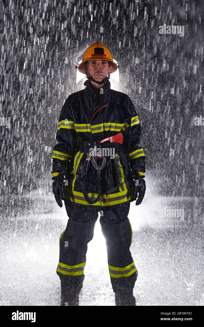 A determined female firefighter in a professional uniform striding ...
