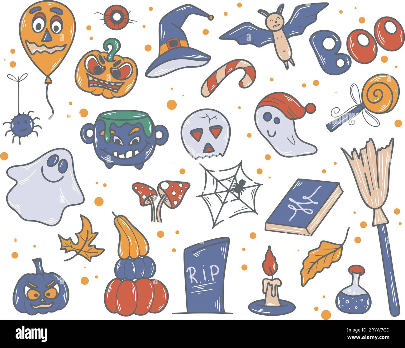 Hand drawn graphic elements of Halloween - pumpkin, ghost, cobweb ...