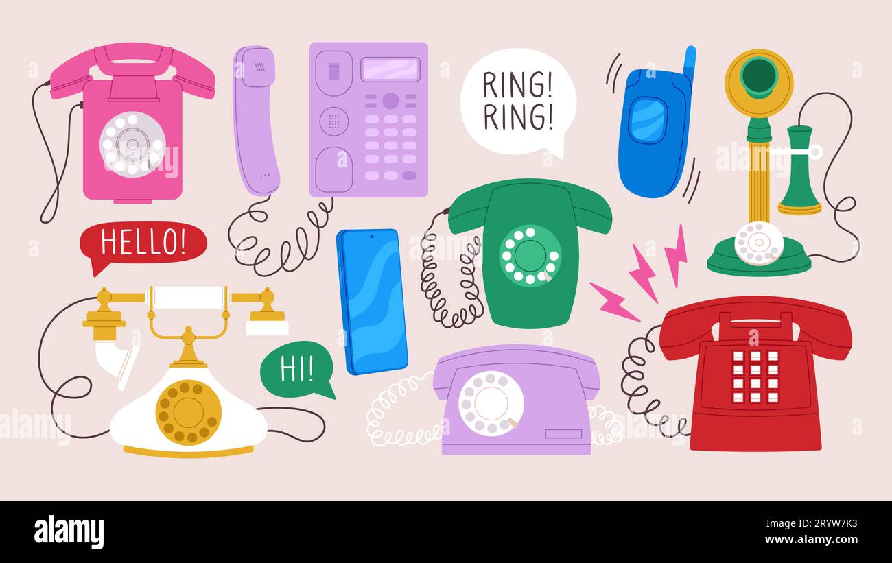 Various retro telephones, flat vintage phones collection. Wire phones ...