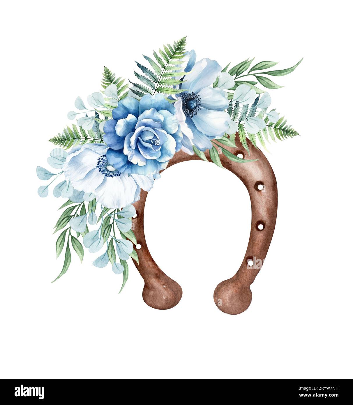 Watercolor floral horse shoe. Western horse shoe with blue flowers ...