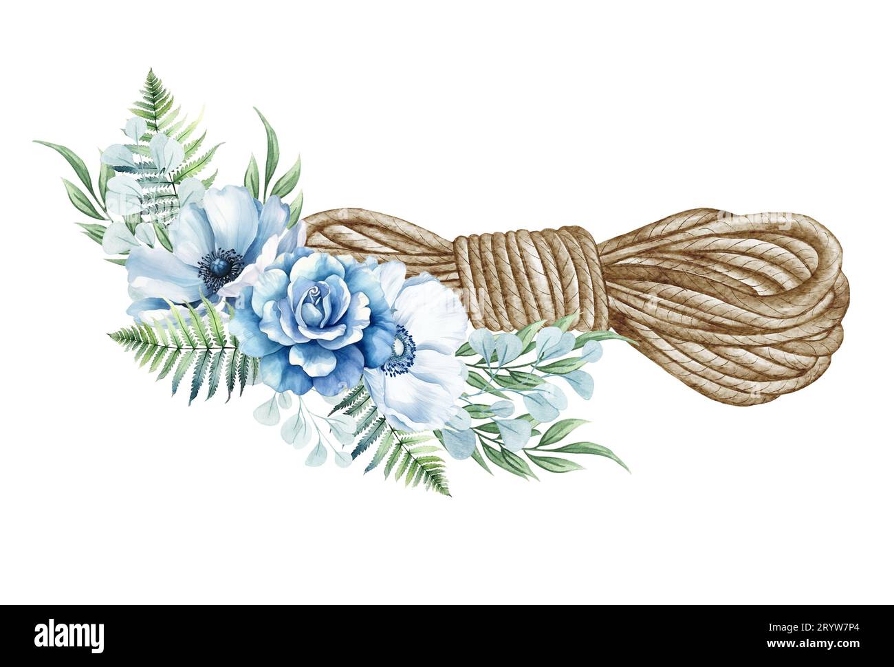 Watercolor floral rope. Western rope with blue flowers. Farmhouse ...