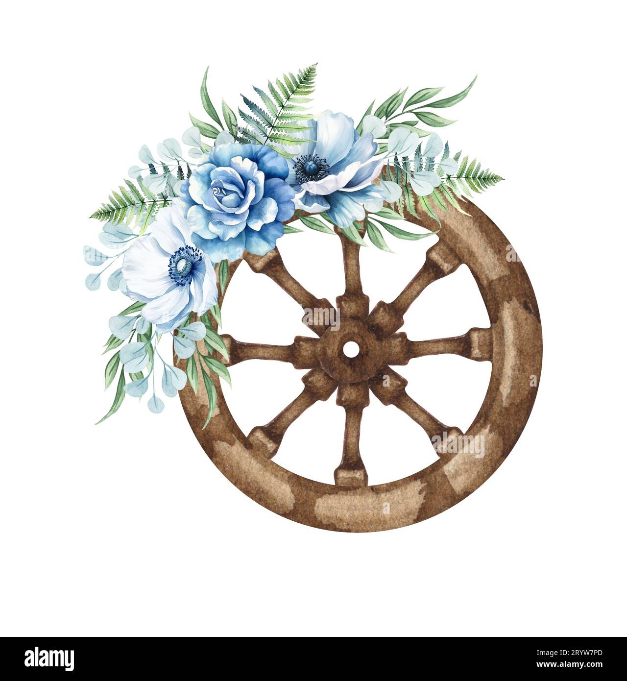 Watercolor floral wooden wheel. Western wheel with blue flowers ...