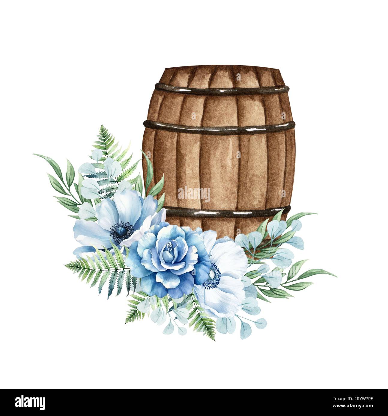 Watercolor floral wooden barrel. Western barrel with blue flowers ...