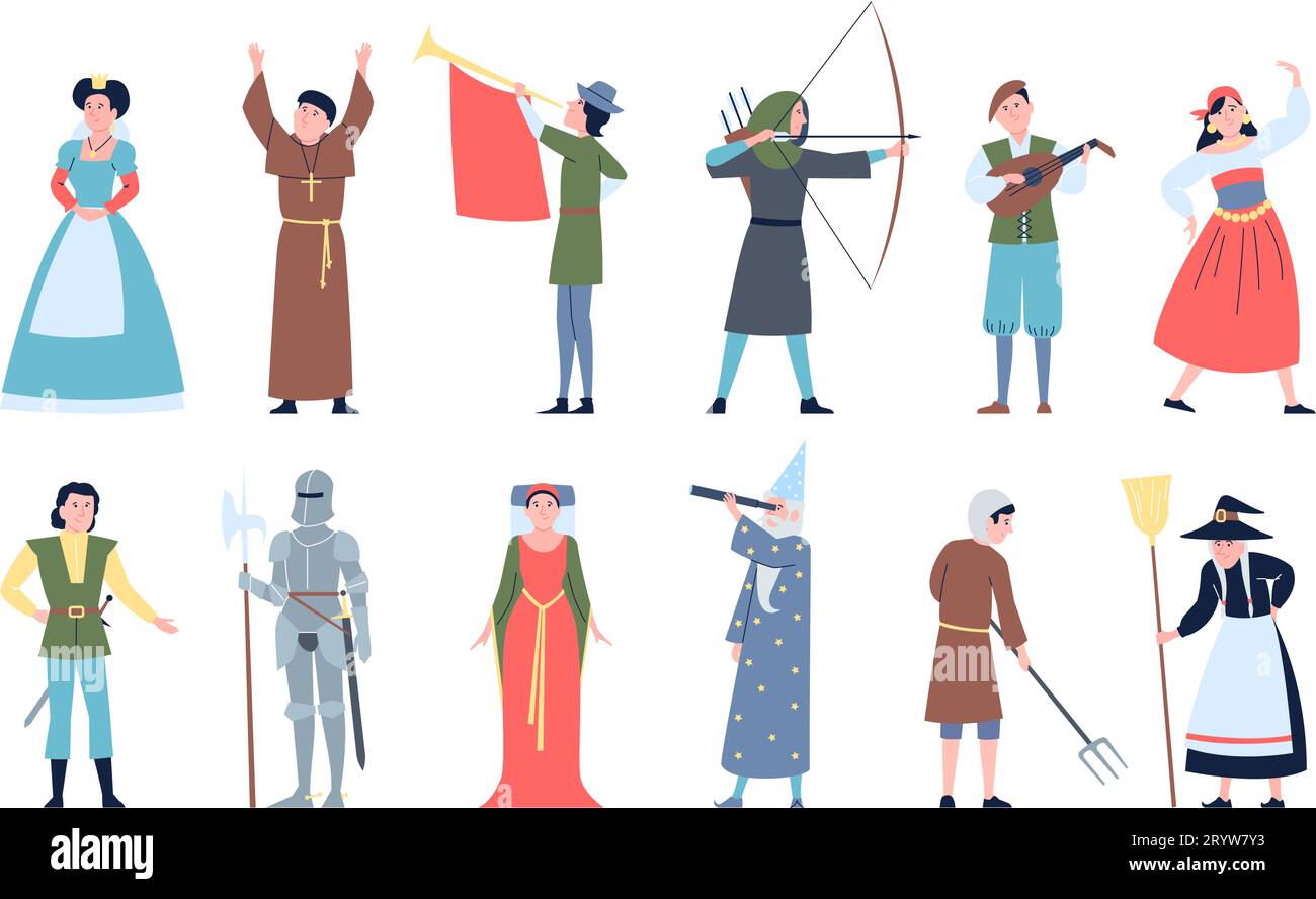 Medieval characters. Queen and knight, young prince and gypsy dancer ...