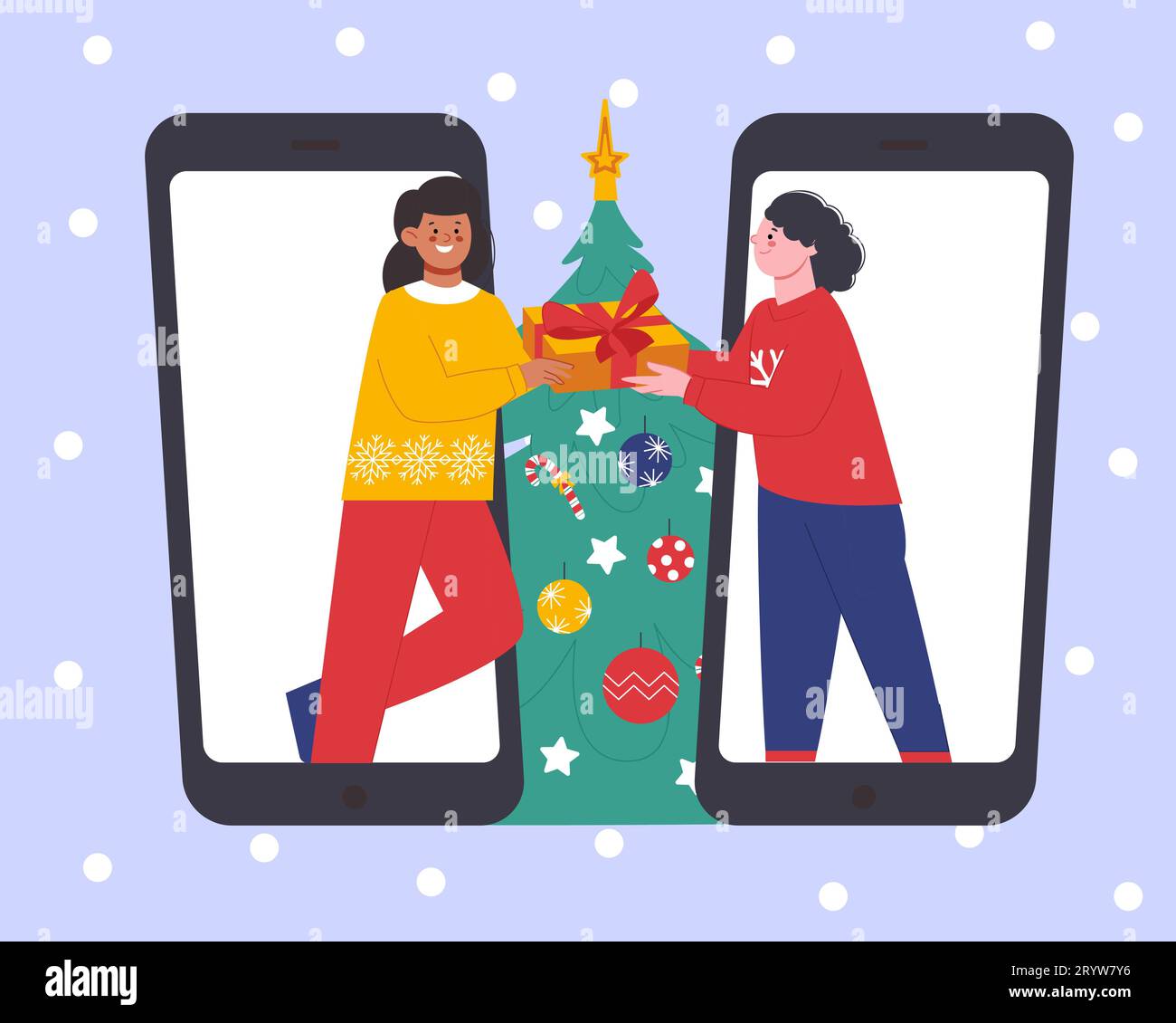 Christmas gifts exchange. Cute friends on smartphone screen with gift ...