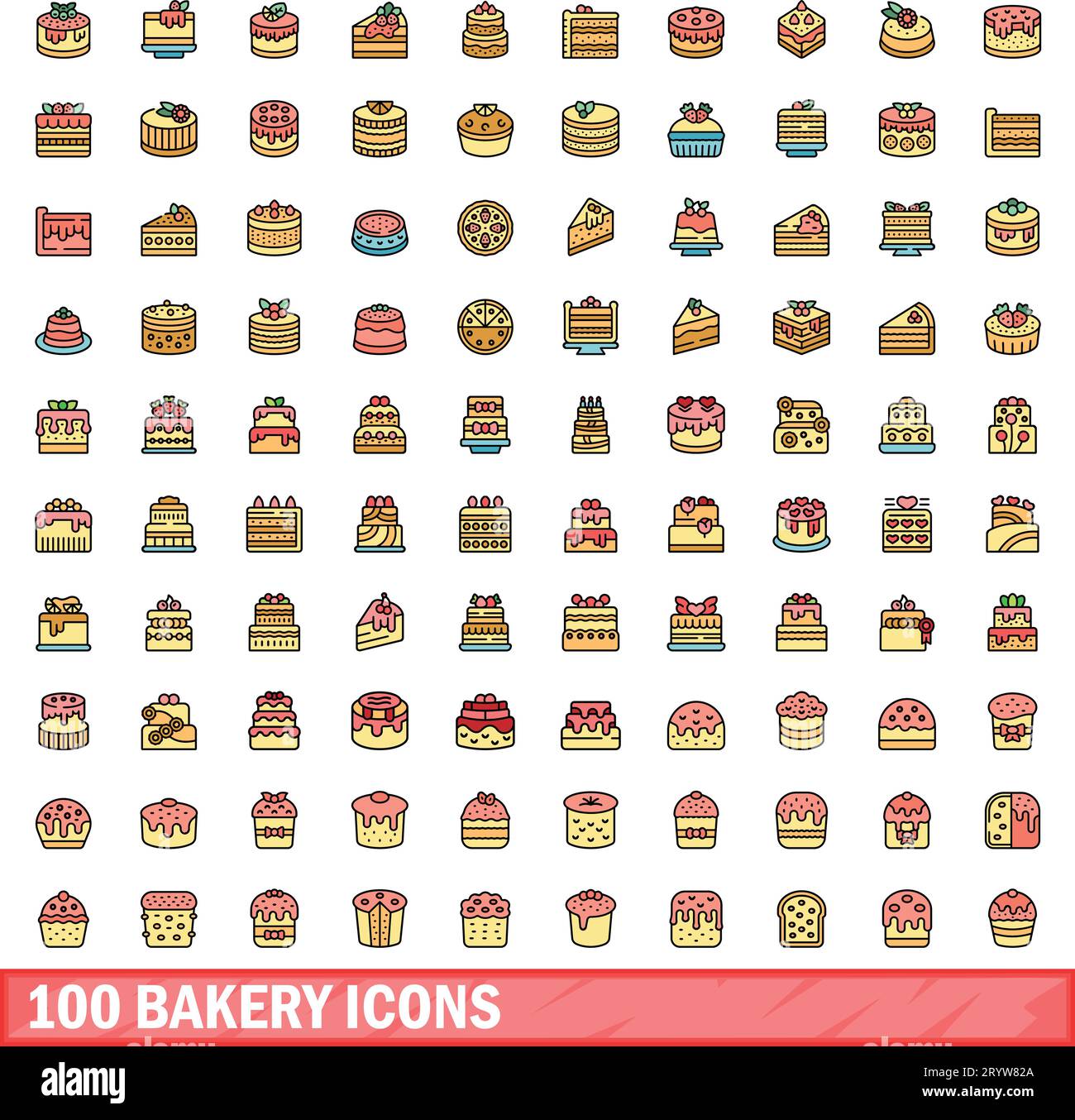 100 Bakery Icons Set Color Line Set Of Bakery Vector Icons Thin Line Color Flat On White Stock