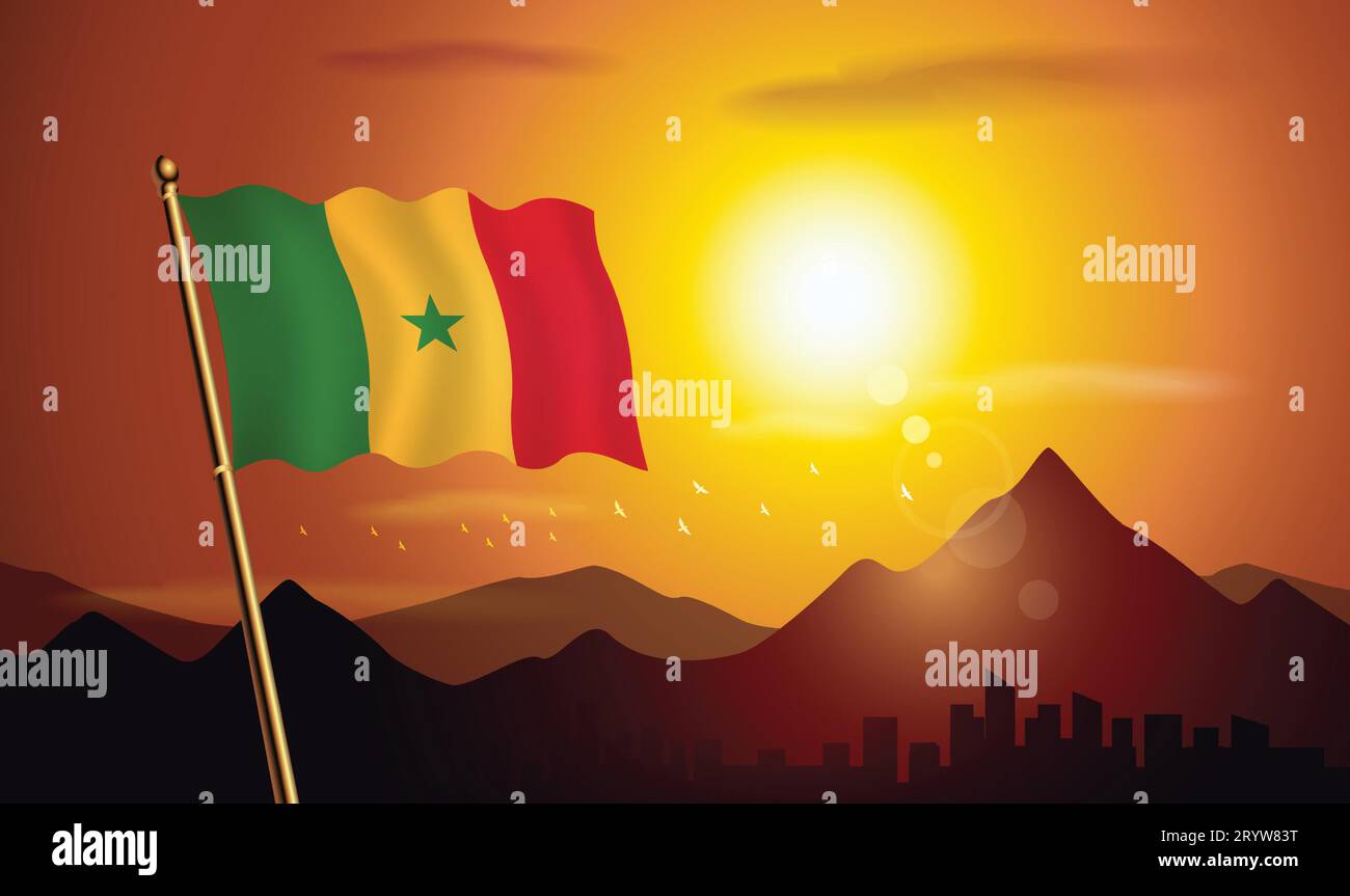 Senegal flag with sunset background of mountains and lakes Stock Vector ...