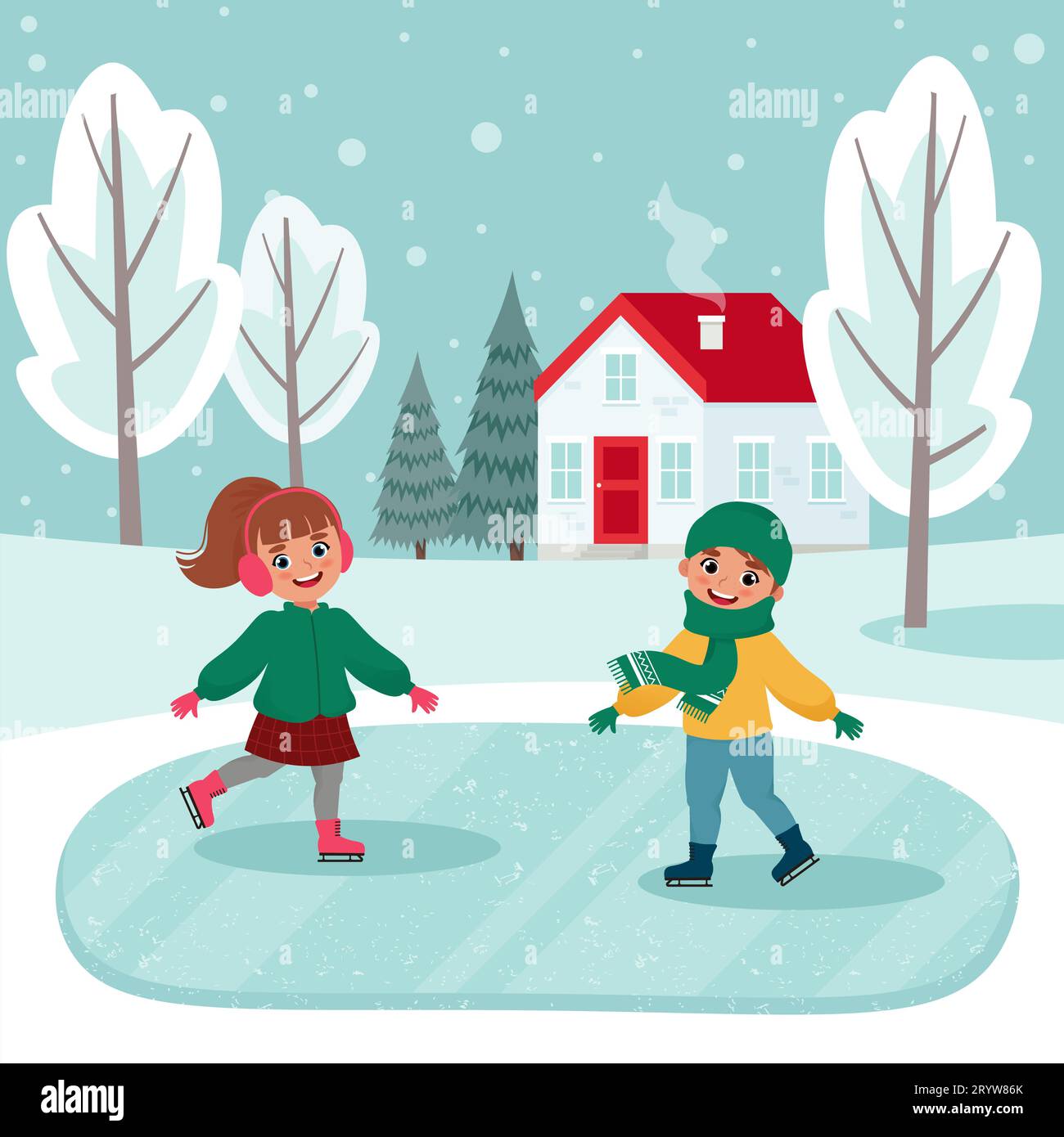 Winter Kids outdoor activities. Children on skates. Vector illustration ...