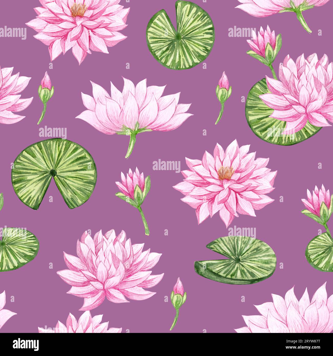 Watercolor seamless pattern with beautiful lotus flower. Hand drawn ...