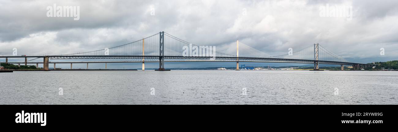 Panoramic view of Edinburgh bridges crossing the Firth of Forth ...