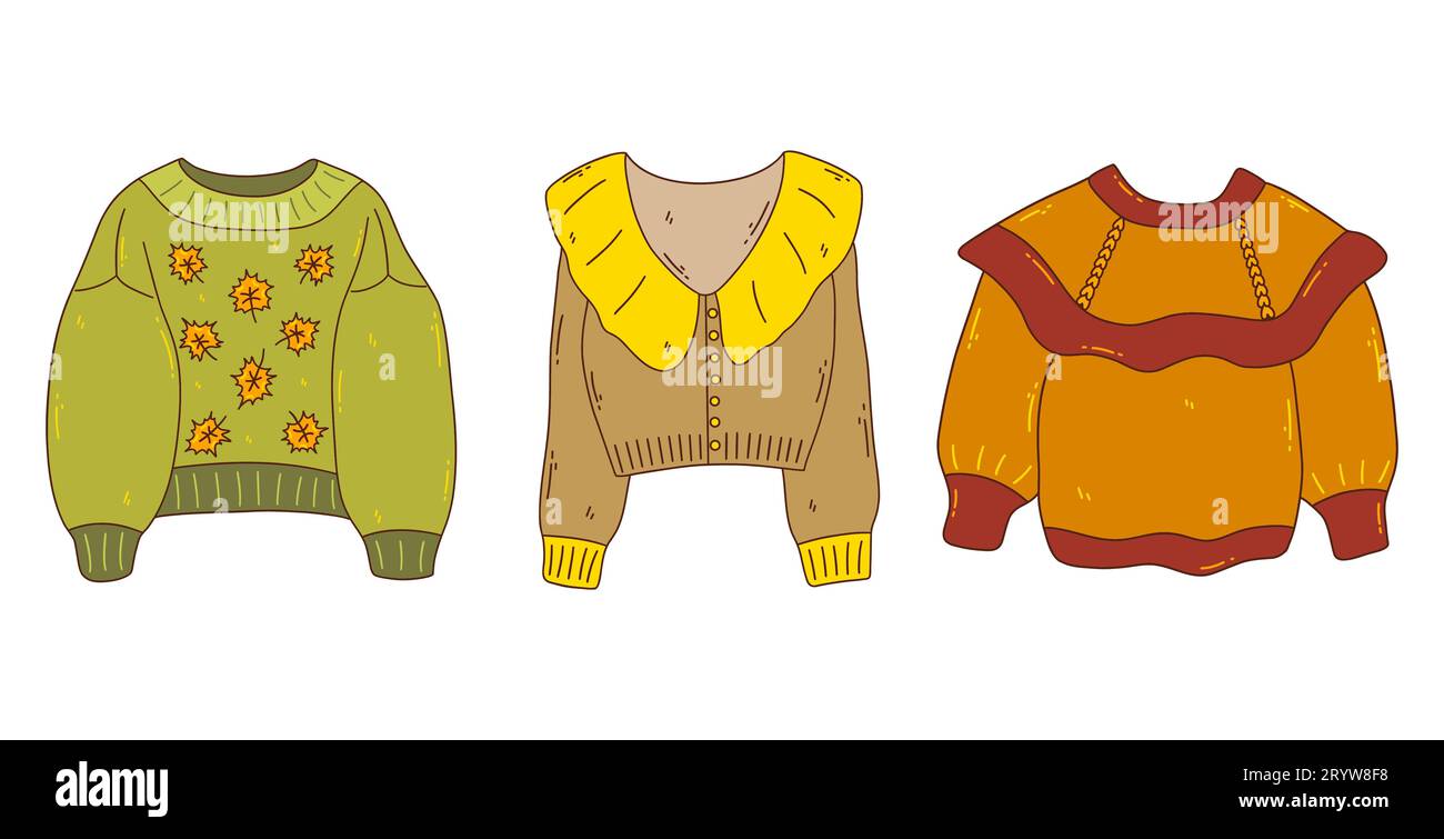 Set of autumn cozy knitted sweaters. Seasonal warm clothes. Colorful ...