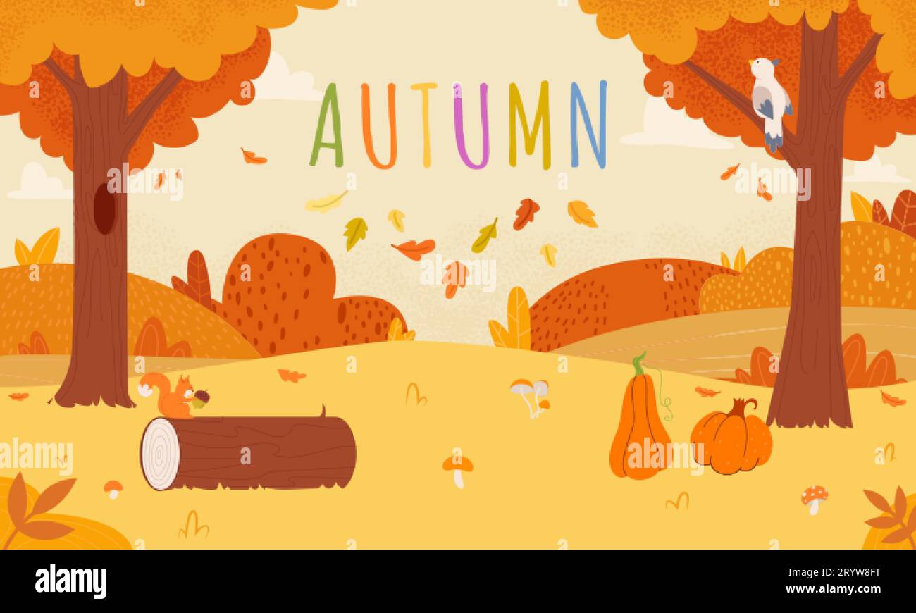 Forest Autumn Landscape With Squirrel And Bird Pumpkins And Mushroom