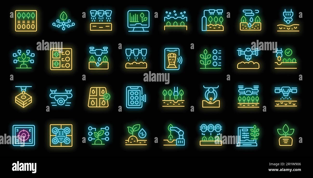 Automated plant seeding icons set outline vector. Nature farm. Plant ...