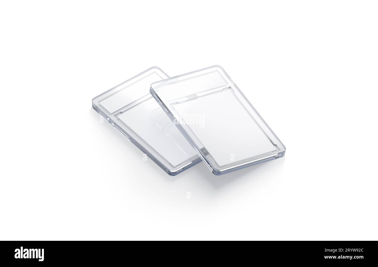 Blank transparent plastic trading card mockup stack, side view, 3d ...