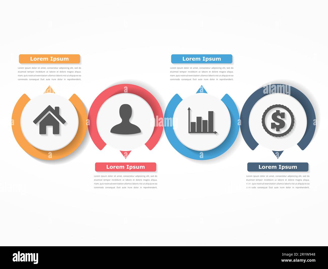 Process chart template with circles, flowchart or workflow with four ...