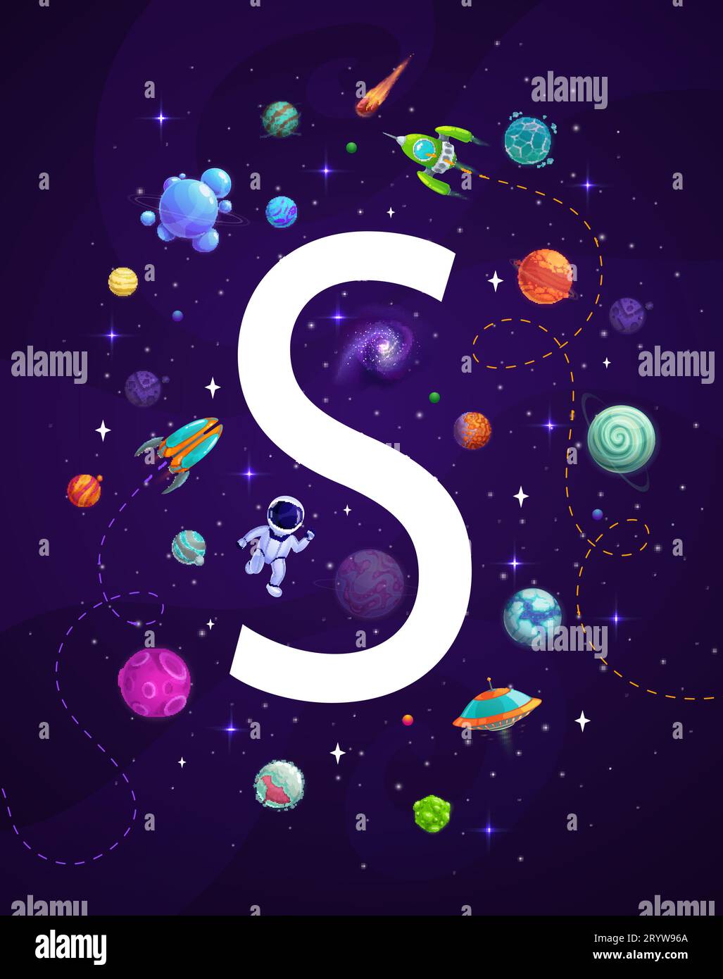 Cartoon space letter S, astronaut, rocket and UFO on vector background ...