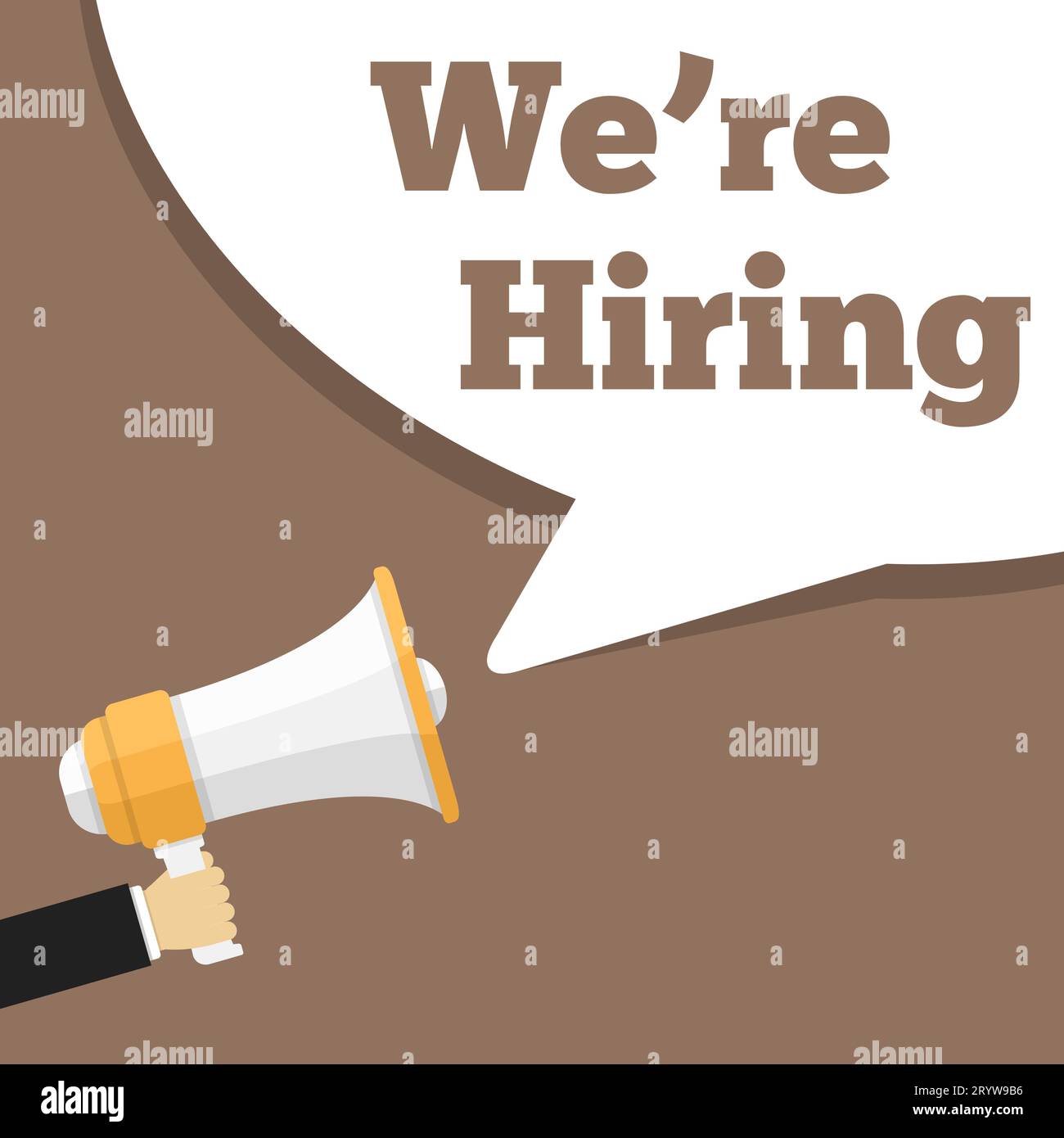 Hand holding megaphone and speech bubble with text "We're hiring ...