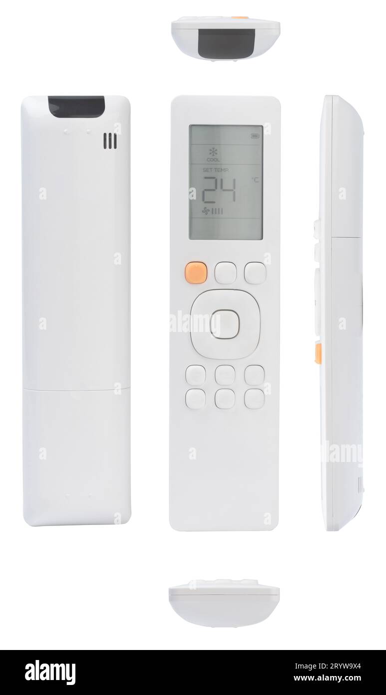 Different view of air conditioner remote control isolated on white ...