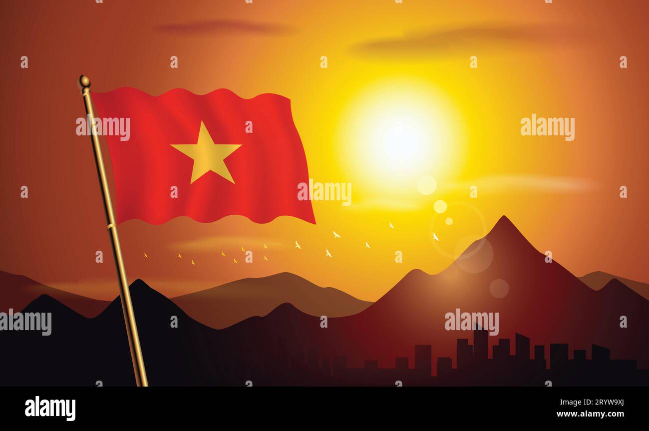 Vietnam flag with sunset background of mountains and lakes Stock Vector ...