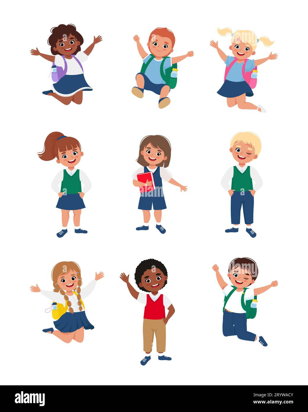 Happy school children in uniform jumping with backpacks. Set of Pupils ...