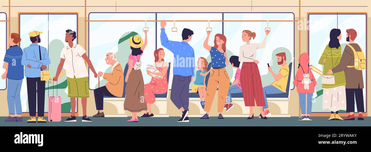 Passengers public transport. Seated and standing characters in crowded ...