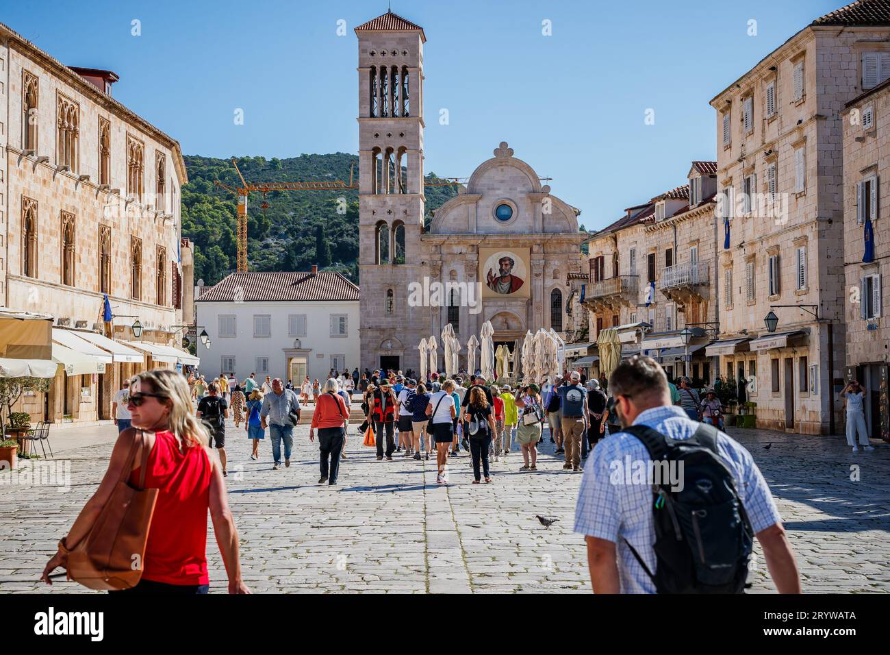 Hvar, Croatia. 02nd Oct, 2023. Tourists walk along Hvar main street the ...