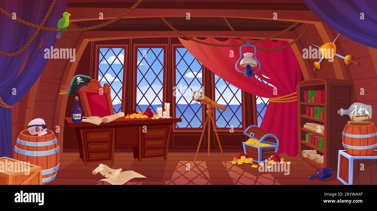 Capitan ship cabin. Cartoon ships room interior inside pirate wooden ...