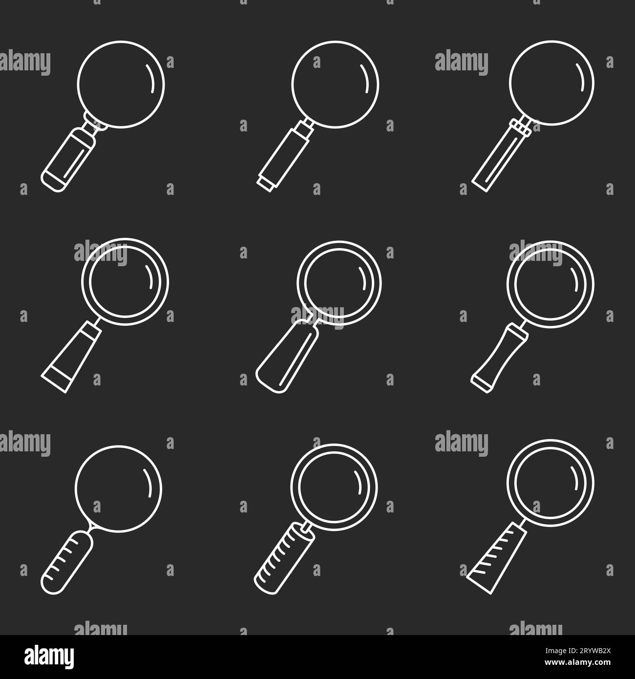 Set of 9 magnifying glass line icons on dark background, vector eps10 ...