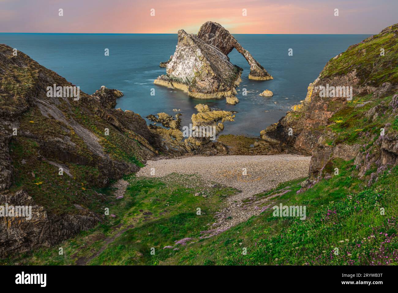 The sea stack Bowfiddle Rock near Portknockie in Moray, Scotland Stock ...