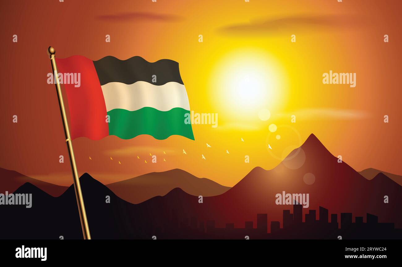 United Arab Emirates flag with sunset background of mountains and lakes ...