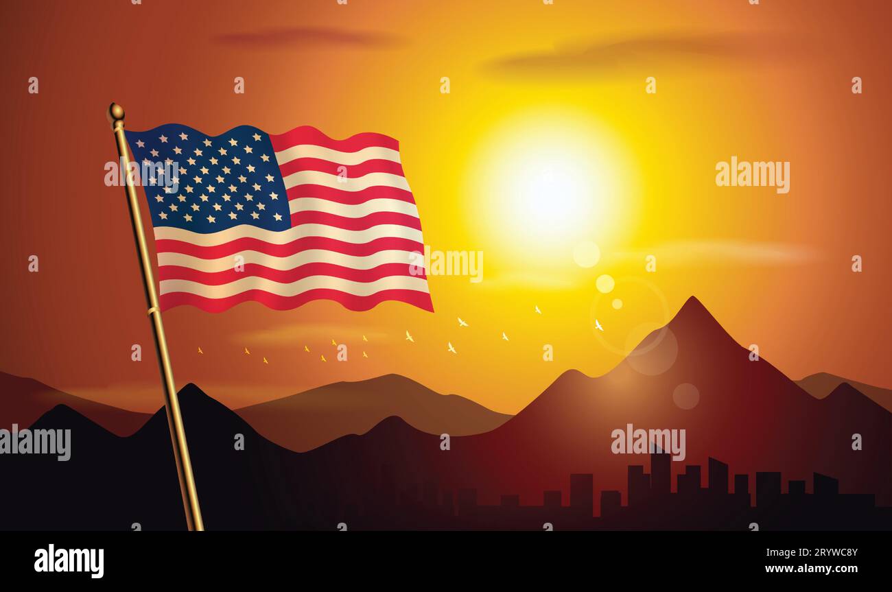 American flag with sunset background of mountains and lakes Stock ...
