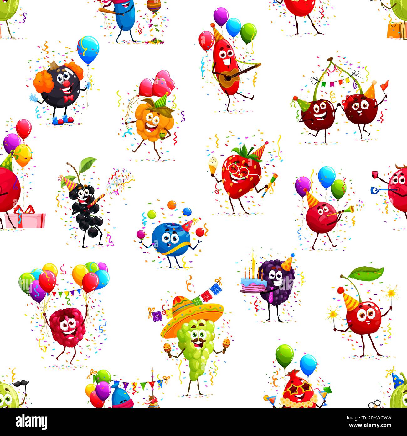 Cartoon berry characters on birthday holiday, seamless pattern. Cute ...
