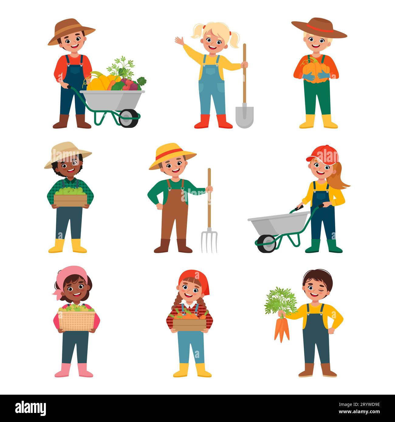 Happy Kids Harvesting Fruits and Vegetables. Set of working smiling ...