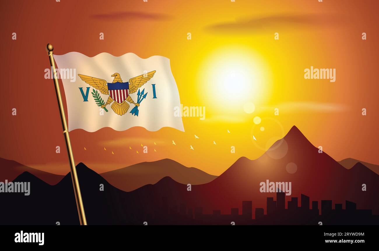 Us Virgin Islands flag with sunset background of mountains and lakes ...