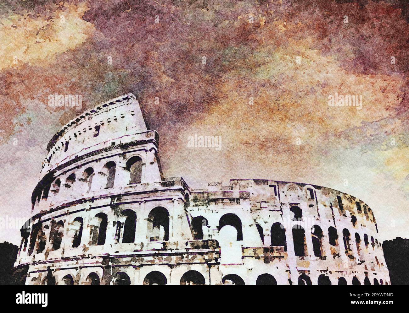 Rome, Italy - Colosseum on blue sky - Creative illustration, vintage ...