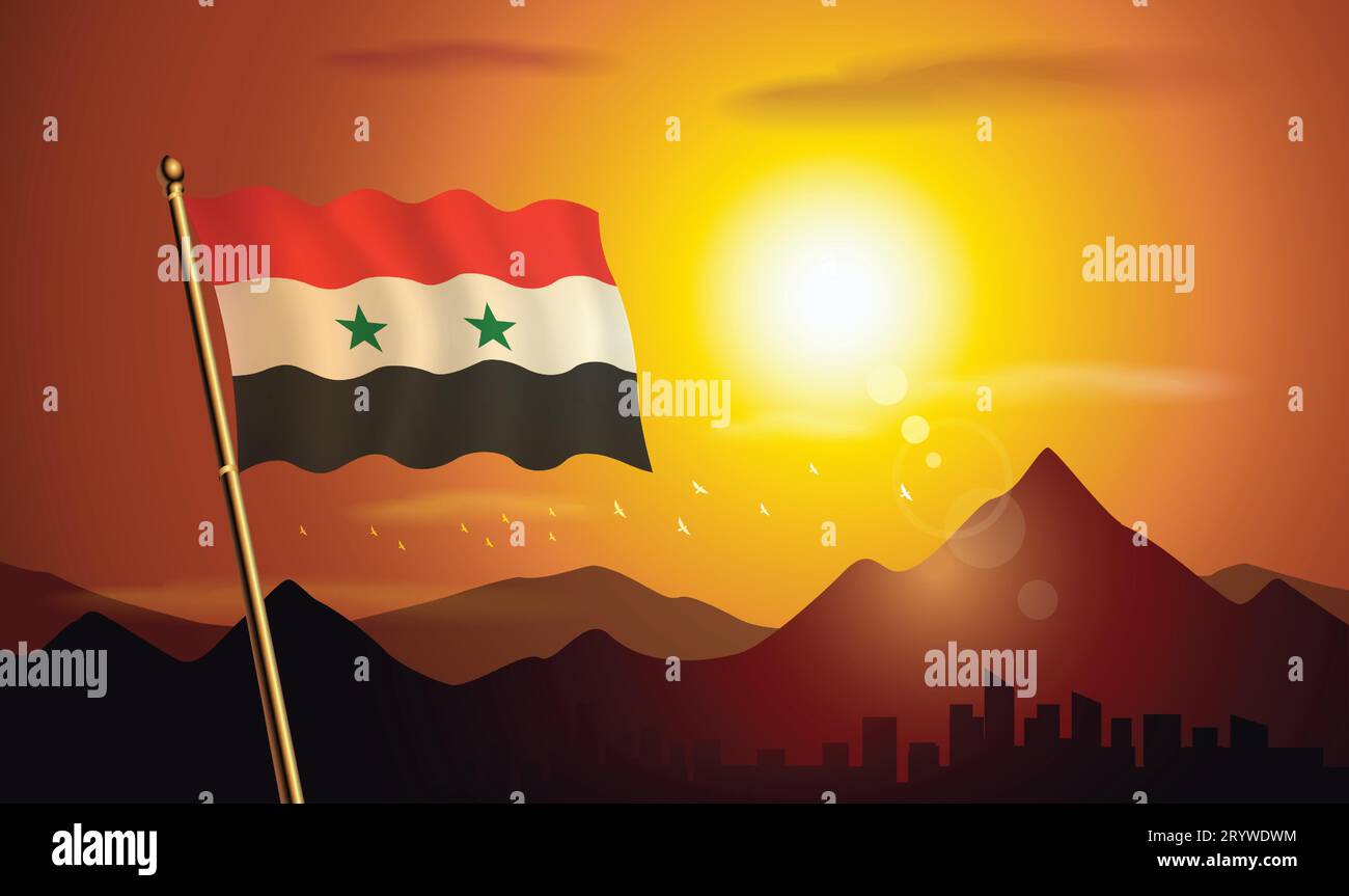 Syria flag with sunset background of mountains and lakes Stock Vector ...