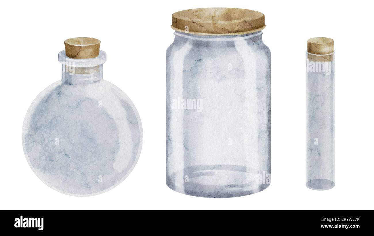 Set of empty Glass Jars. Watercolor illustration of a transparent ...