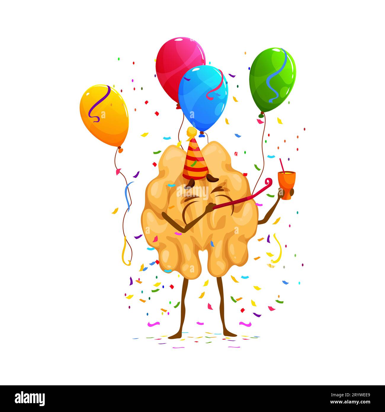 Cartoon walnut nut character on birthday holiday. Kids holiday greeting ...