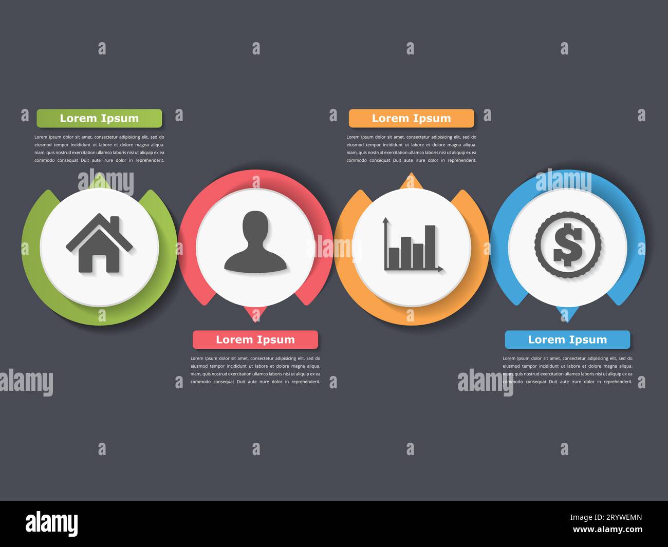 Process chart template with circles, flowchart or workflow with four ...