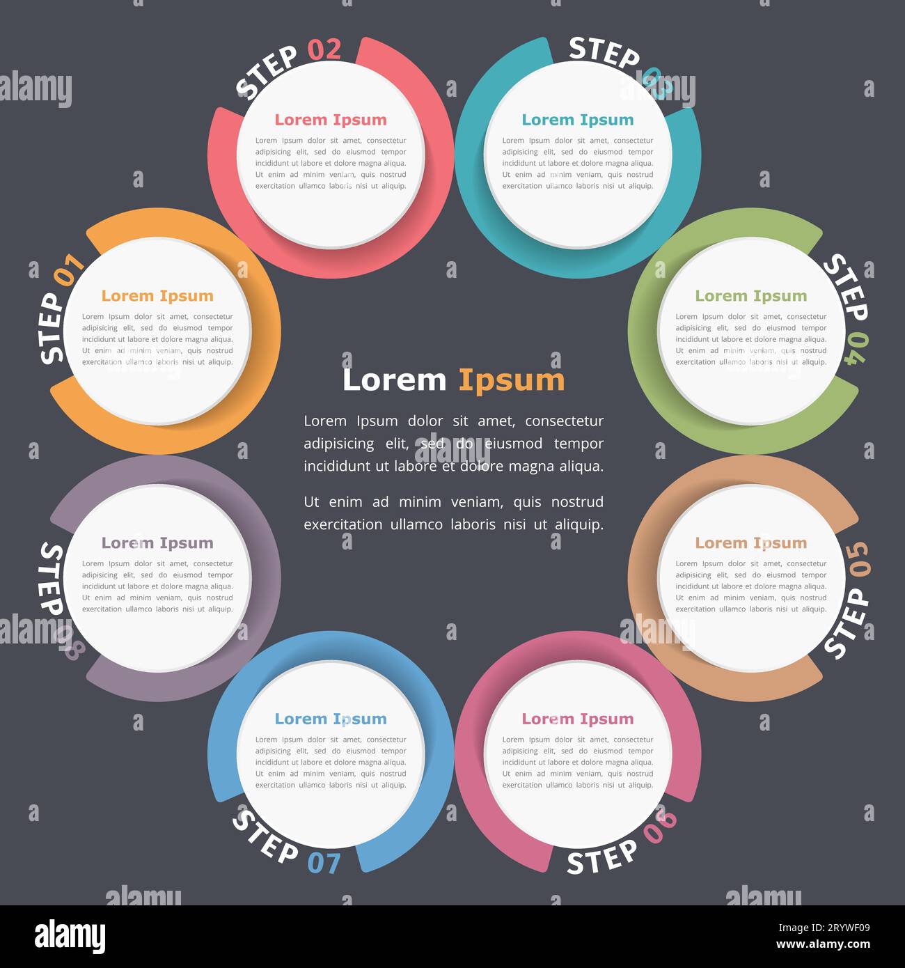 Circle diagram with eight elements, steps or options, flowchart or ...
