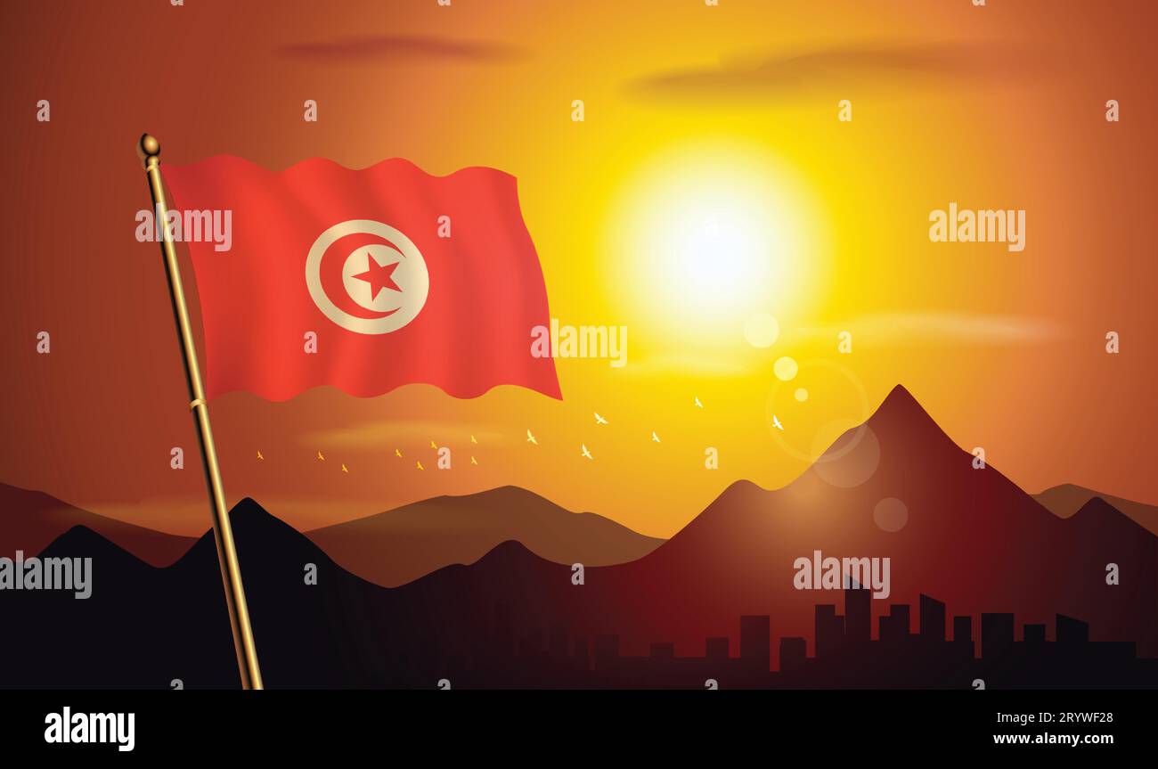 Tunisia flag with sunset background of mountains and lakes Stock Vector ...