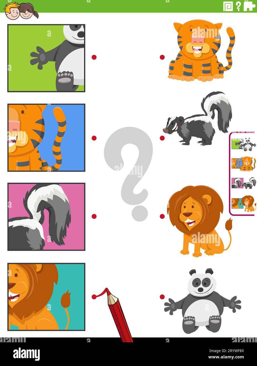 Cartoon illustration of educational matching game with animal ...