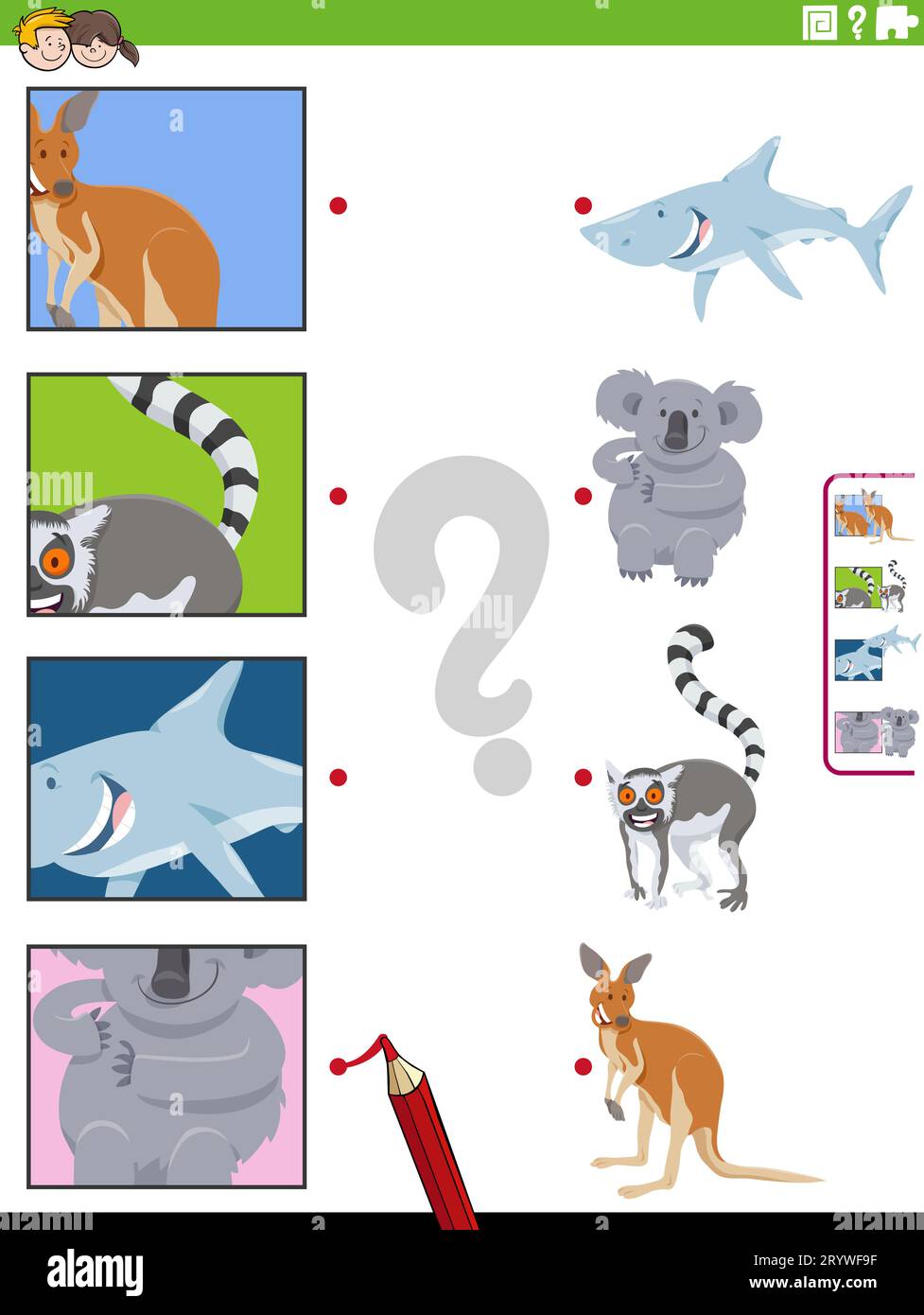 Cartoon illustration of educational matching activity with animal ...