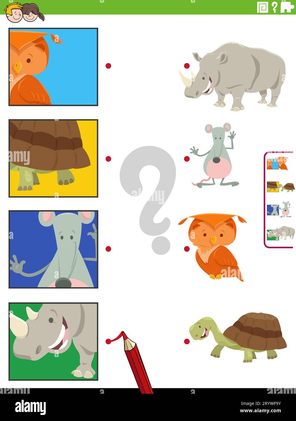 Cartoon illustration of educational matching game with animal ...