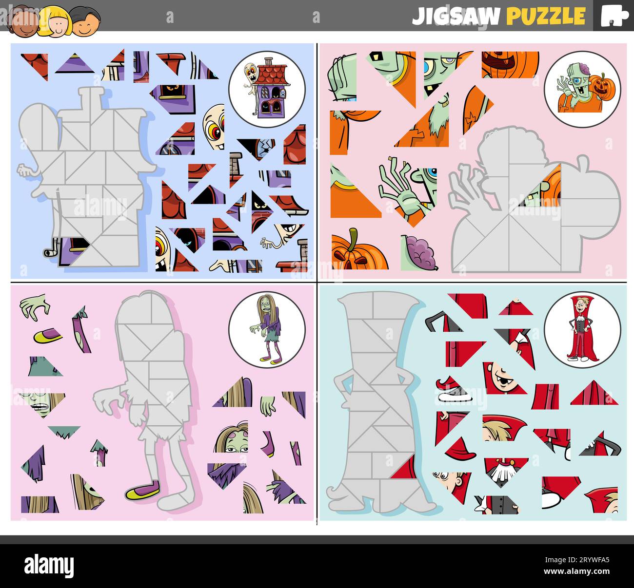 Cartoon illustration of educational jigsaw puzzle games set with ...